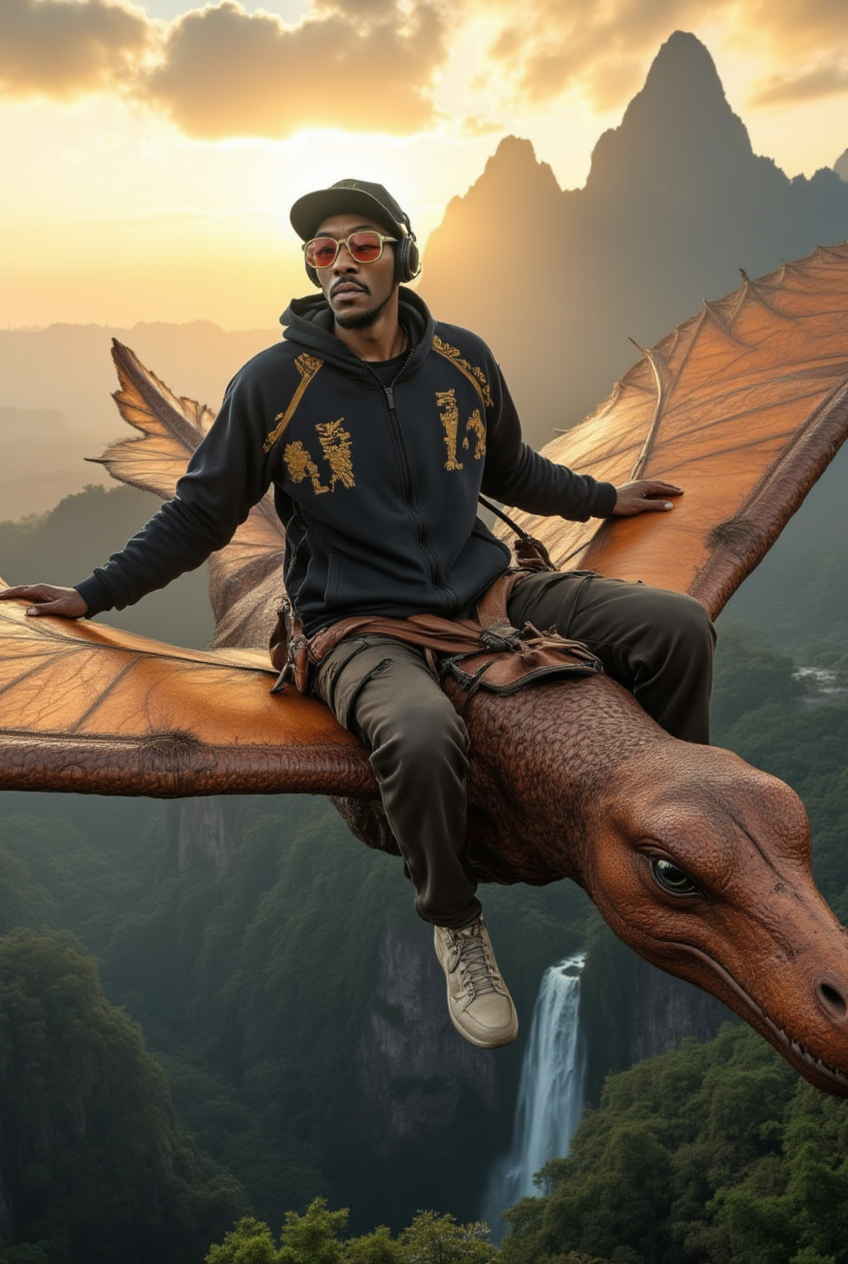 Man In Urban Streetwear Riding Pterodactyl Over Misty Cliffs And ...
