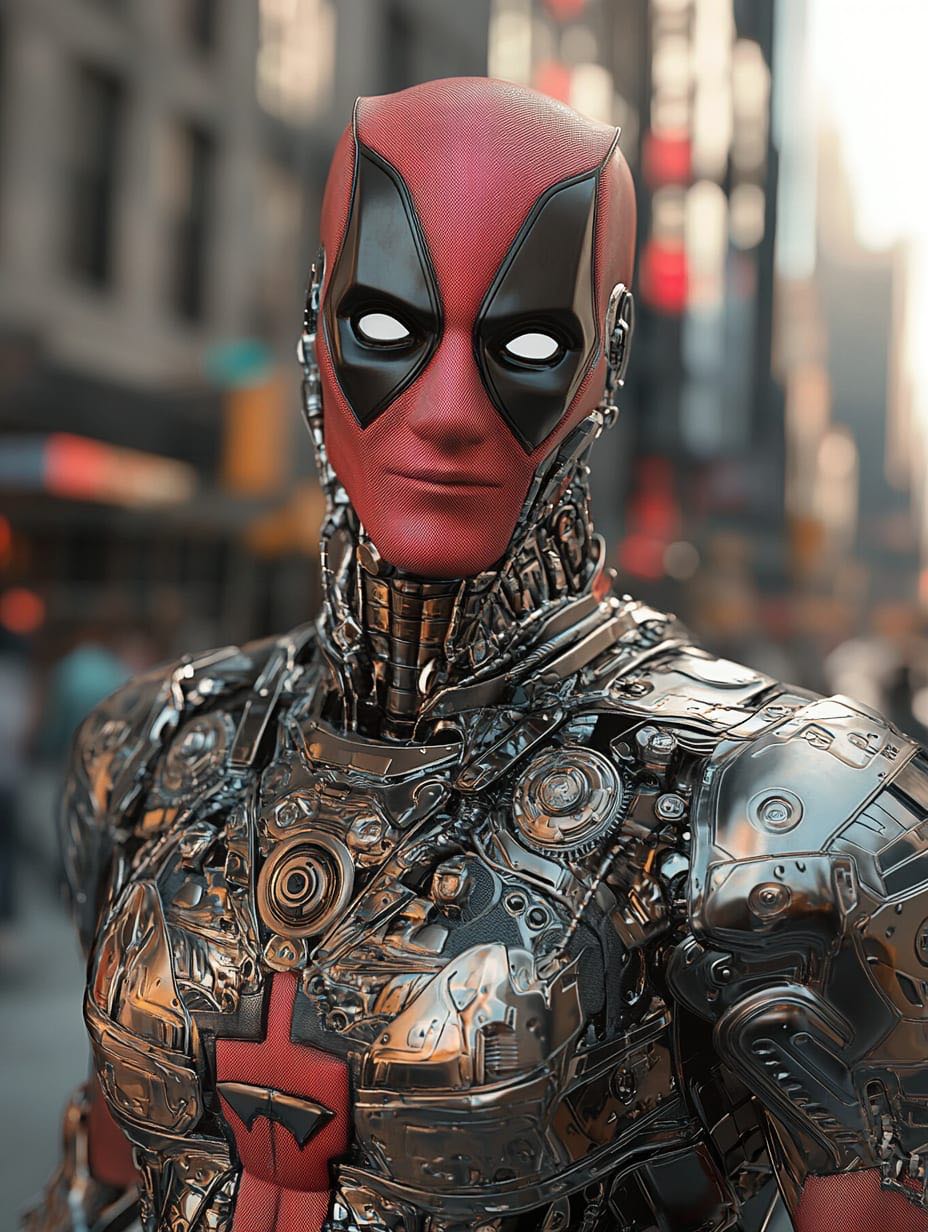 Robot Deadpool Cyborg Character In Futuristic City | AI Video